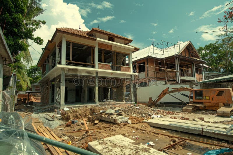 Active Construction Site with Workers, Machines, and Scaffolding ...