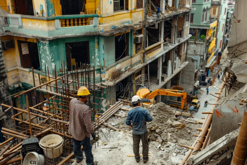 Active Construction Site with Workers, Machines, and Scaffolding ...