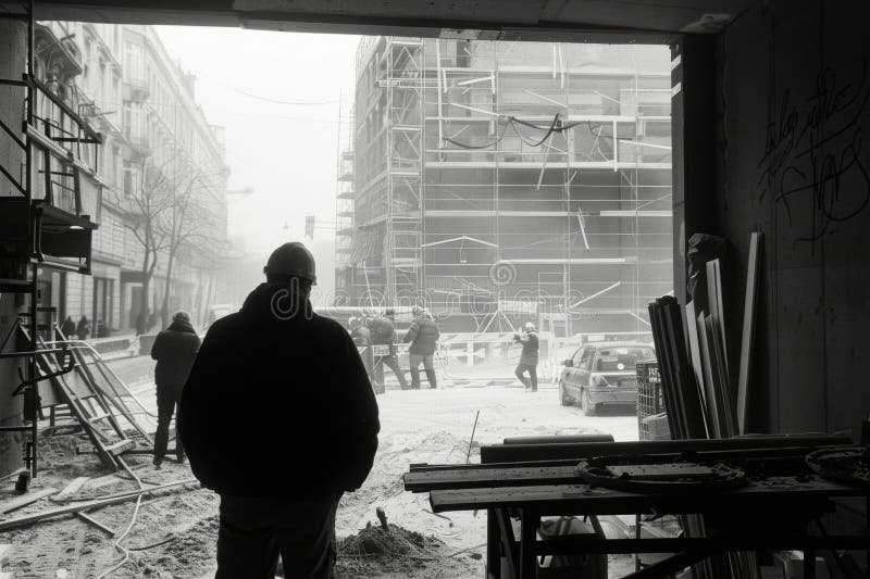 Active Construction Site with Workers, Machines, and Scaffolding ...