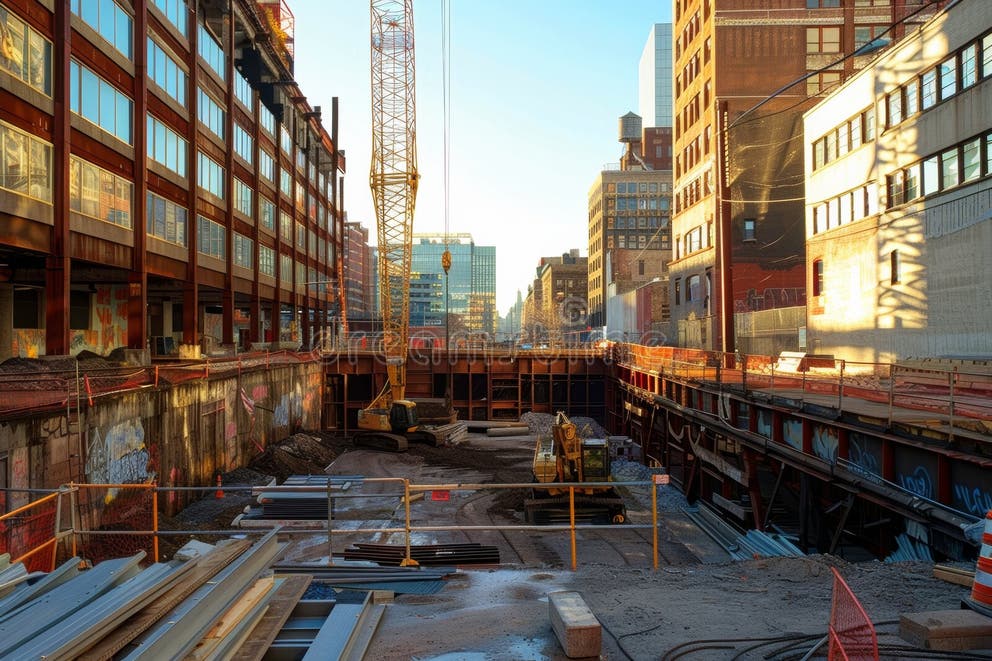 Active Construction Site with Workers, Machines, and Scaffolding ...