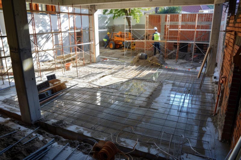 Active Construction Site with Workers, Machines, and Scaffolding ...