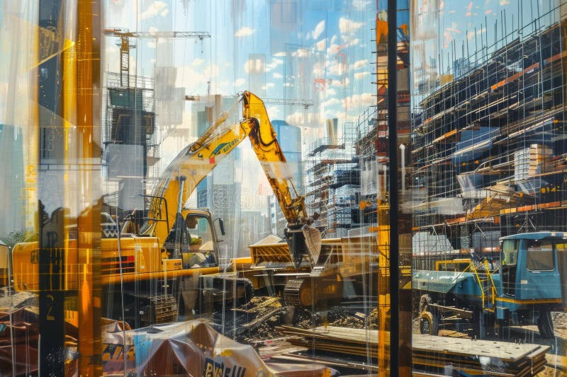 Active Construction Site with Workers, Machines, and Scaffolding ...