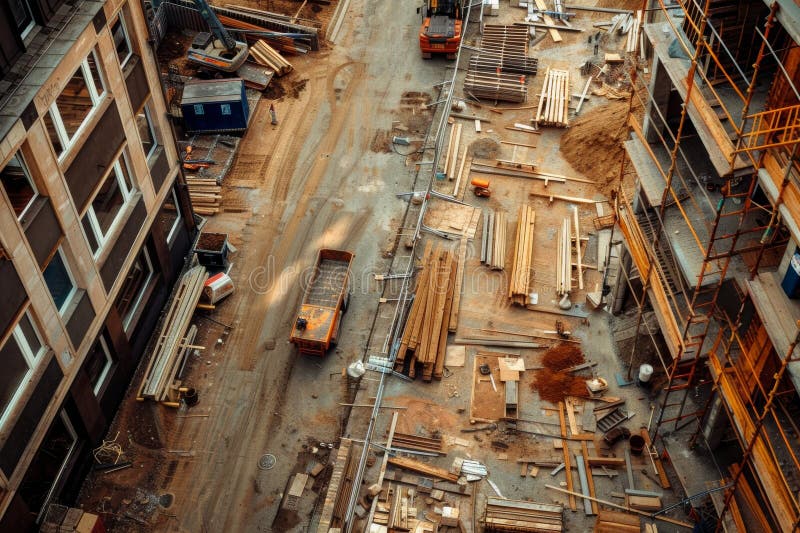 Active Construction Site with Workers, Machines, and Scaffolding ...