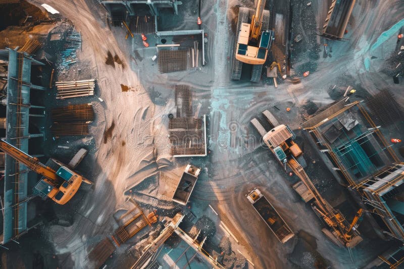 Active Construction Site with Workers, Machines, and Scaffolding ...