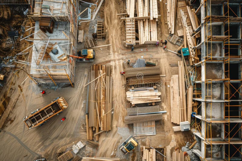 Active Construction Site with Workers, Machines, and Scaffolding ...
