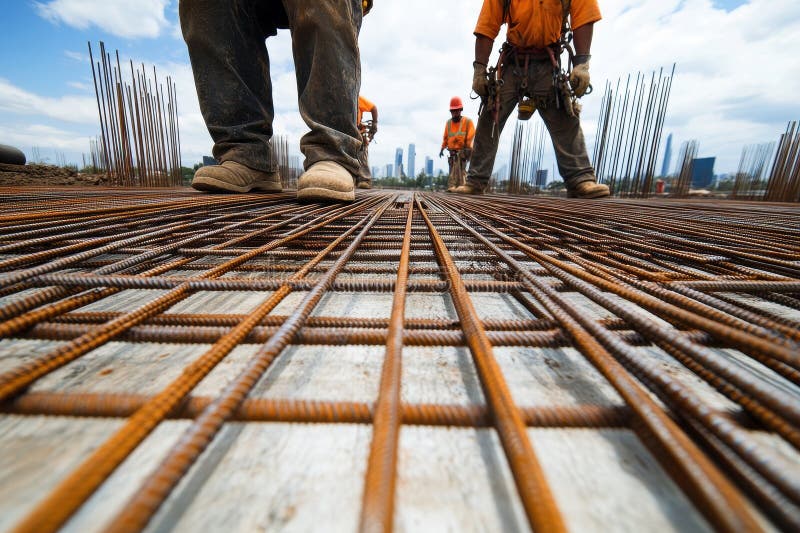 Active Construction Site with Workers and Rebar on a Wide-Angle ...