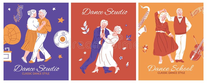 Active Dancing for Older People is Depicted in a Set of Posters. Stock ...