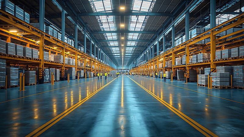 Active Distribution Hub with Organized Pallets and Bright Lighting ...