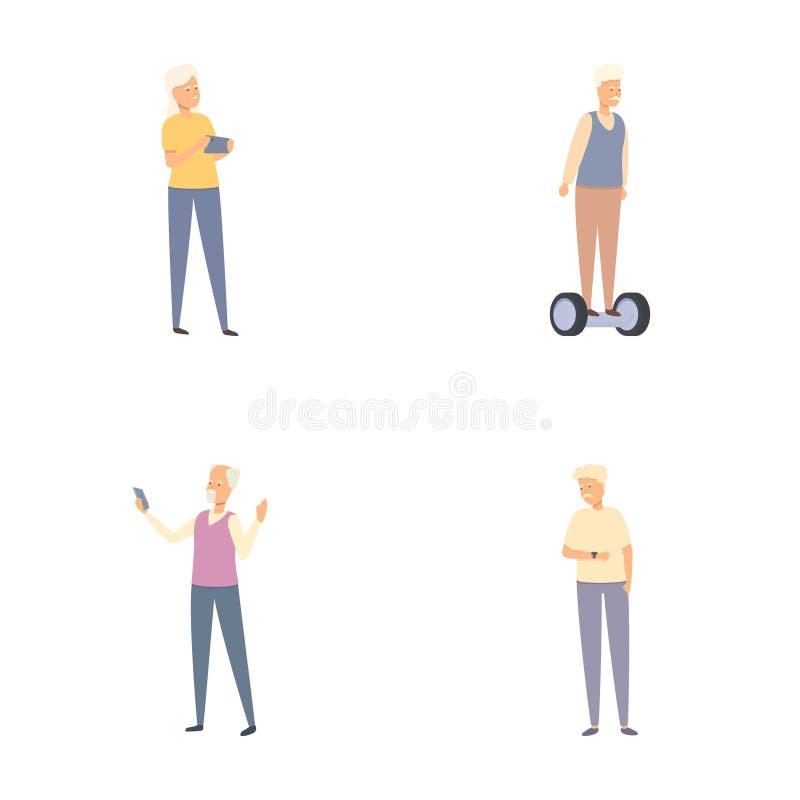 Active Elderly Icons Set Cartoon Vector. Modern Grandparent Actively ...