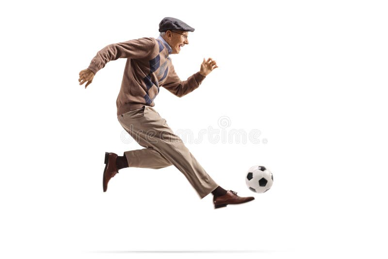 Cheerful Old Man Playing Football on Field Stock Photo - Image of ...