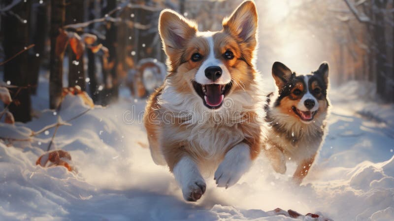An Active and Energetic Dogs Runs through the Snow Stock Photo - Image ...