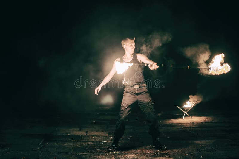 Active European Guy Carries Out Tricks for Fire Show Night Stock Photo ...