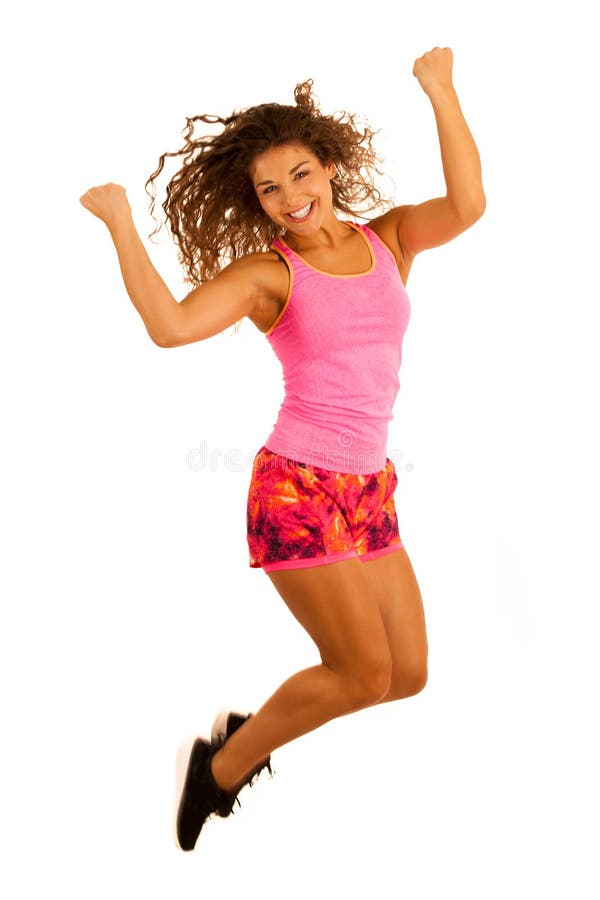 Active Excited Fit Woman Jumps Over White Background Stock Image ...