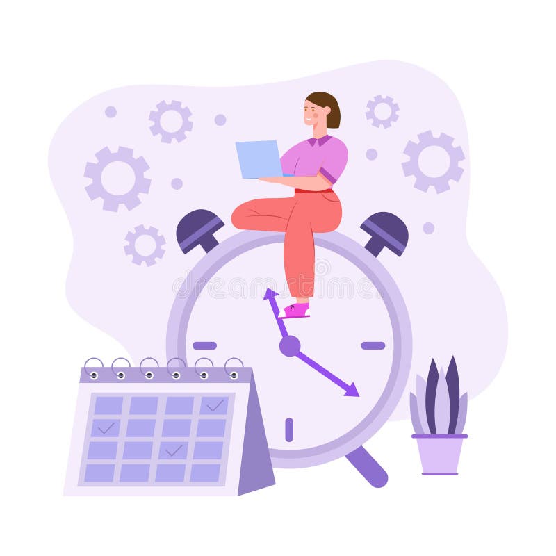 Active Female Sitting on Big Clock and Planning. Effective Work ...