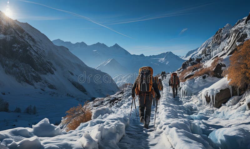 Group of People Hiking Up Snow Covered Mountain Stock Photo - Image of ...