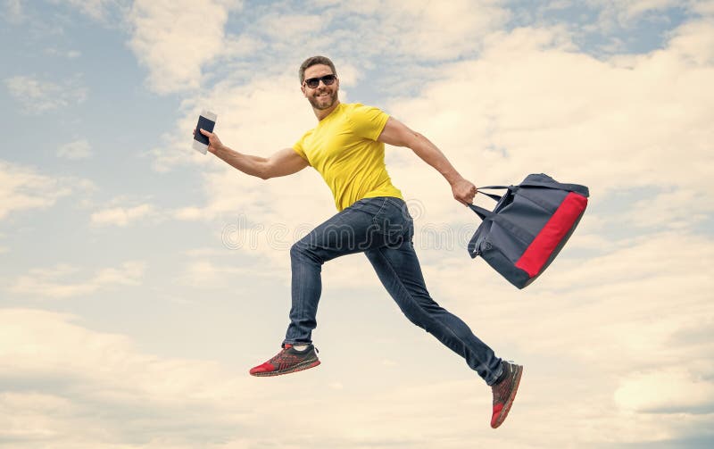 Active Guy Running with Sporty Bag Midair Sky Background, Sport Stock ...