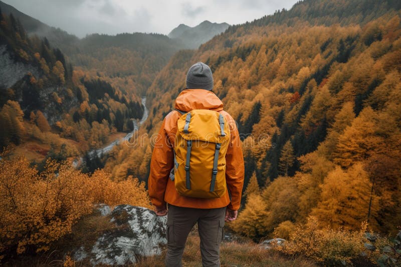 Active Hiker Admires Stunning Autumn Landscape while Exploring from ...