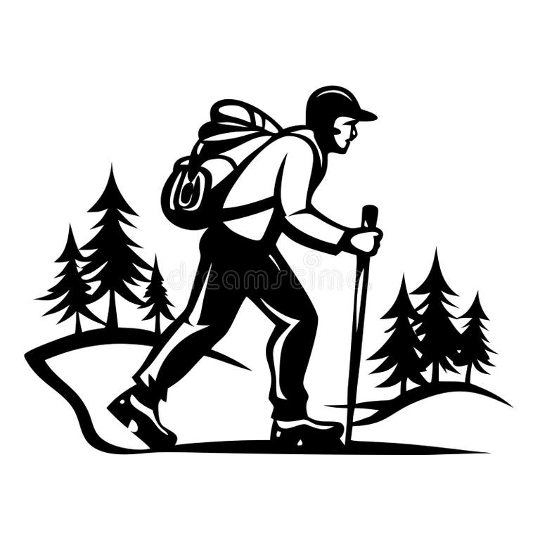 Active Hiker Climbing through Pine Forest with Backpack Using Trekking ...