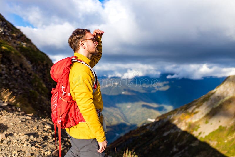 Active Hiker Enjoying the View Looking for Something Stock Photo ...