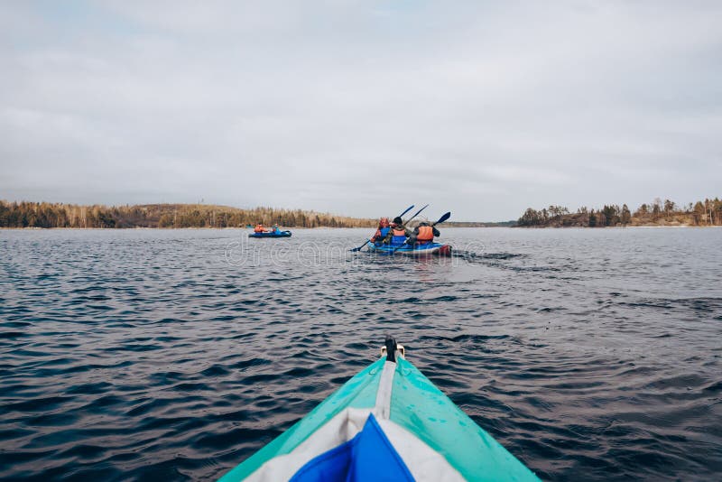 Active Holidays on Lake, Kayaking on Water, Tourism on Cloudy Day Stock ...
