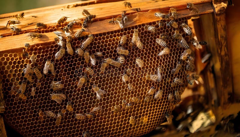 Active Honeybees on a Beehive, Showcasing the Complex Social Structure ...