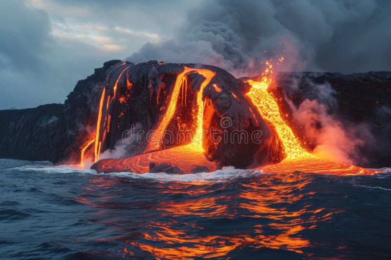 Active Lava Flow Volcanic Eruption Magma Touching the Ocean Stock ...