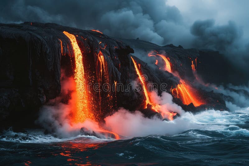 Active Lava Flow Volcanic Eruption Magma Touching the Ocean Stock ...