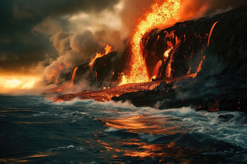 Active Lava Flow Volcanic Eruption Magma Touching the Ocean Stock ...