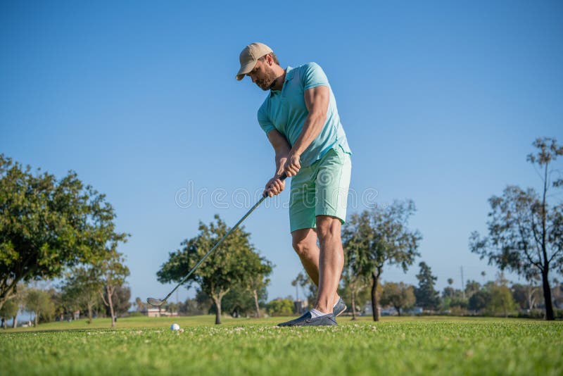 Active Male Golf Player on Professional Course with Green Grass ...