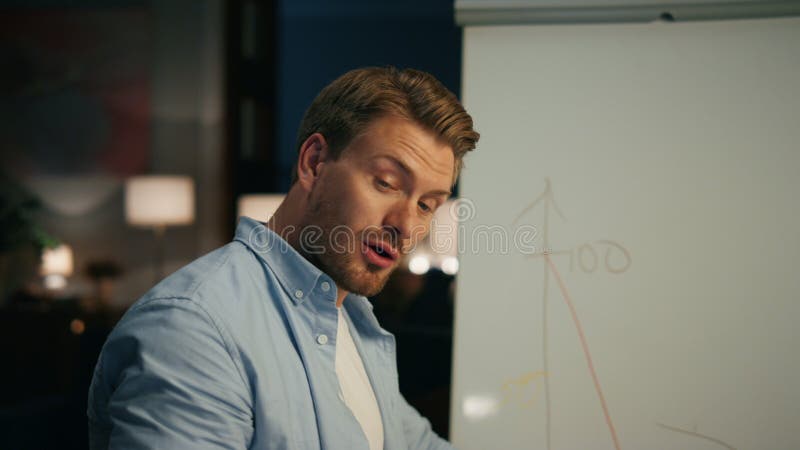 Active Man Drawing Whiteboard at Remote Office. Specialist Explaining ...