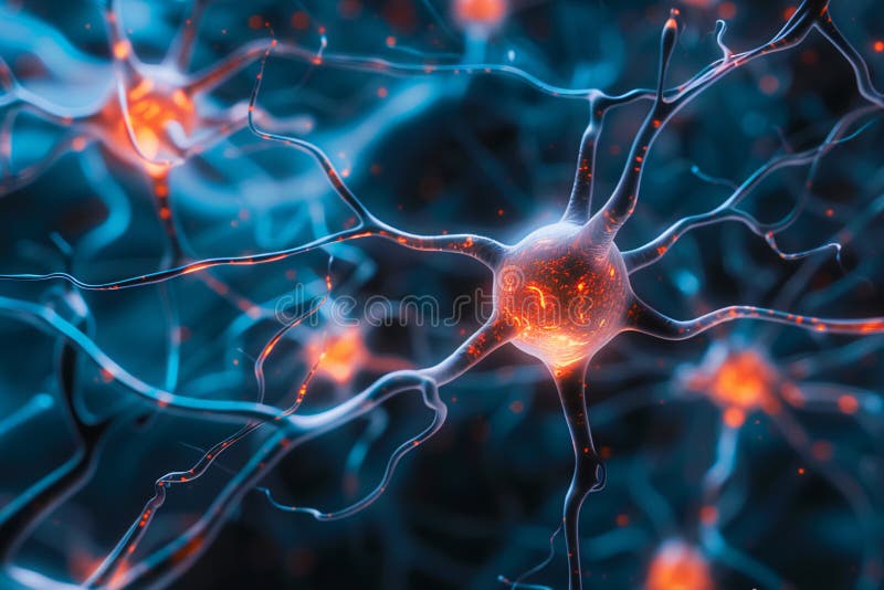 Active Neuron Glowing, Neural Network Interaction. Electric Impulses in ...