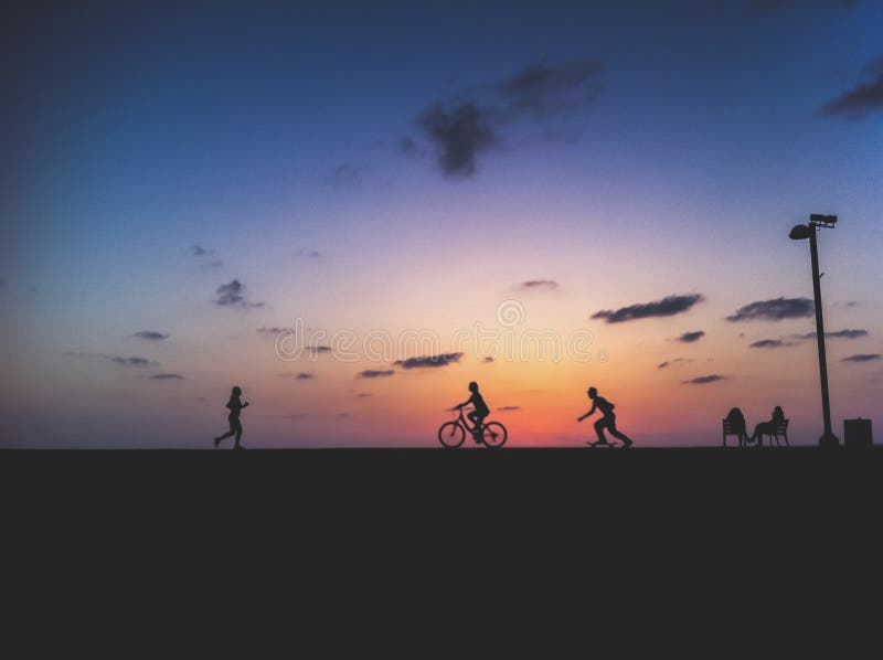 Active People are Running and Cycling on Sunset Stock Image - Image of ...