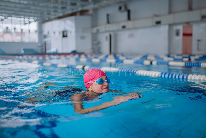 Active Senior Woman Swimming in Indoors Swimming Pool. Stock Photo ...
