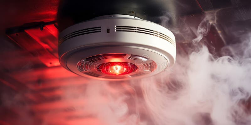 Active Smoke Detector on Ceiling with Red Warning Light in Hazy Room ...