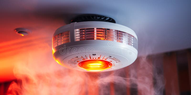 Active Smoke Detector on Ceiling with Red Warning Light in Hazy Room ...