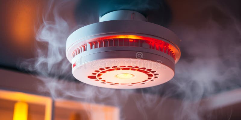 Active Smoke Detector on Ceiling with Red Warning Light in Hazy Room ...