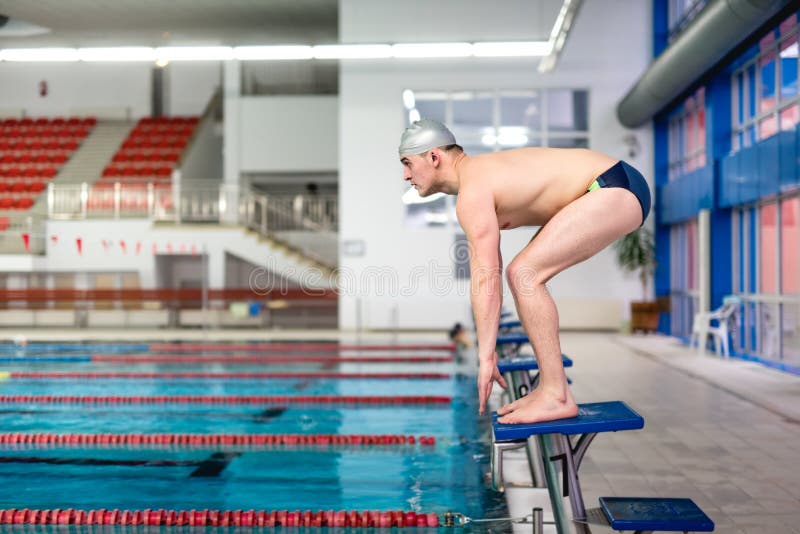 Active Swimmer Getting Ready for Jumping in Pool, Competition Start ...