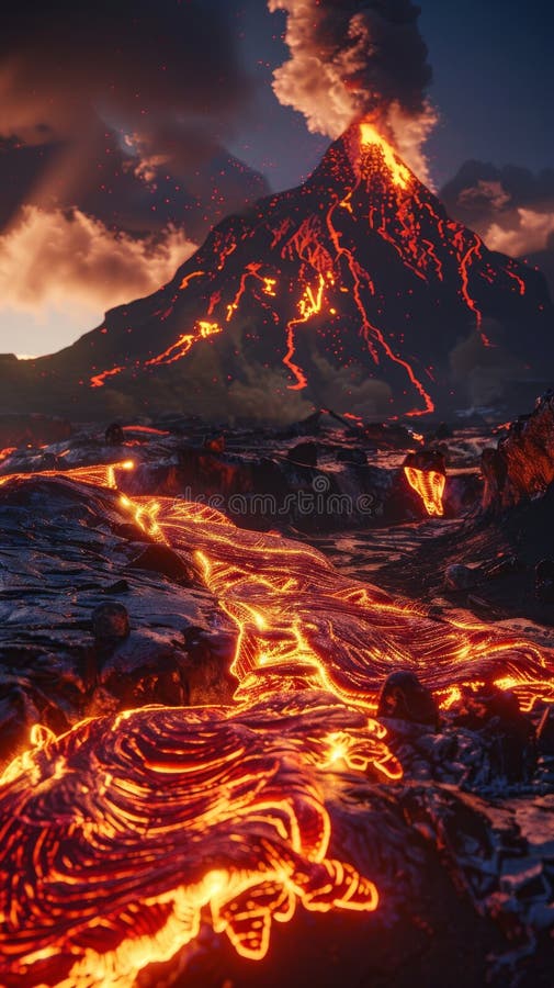 Active Volcanic Eruption with Flowing Lava at Sunset Stock Image ...