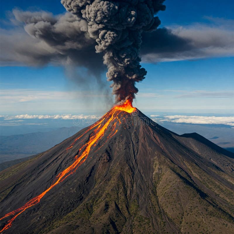 Active Volcano with Bright Clouds Stock Illustration - Illustration of ...
