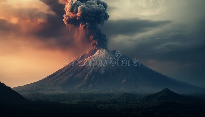 Active Volcano Erupting at Dawn, Damaging Environment with Ash ...