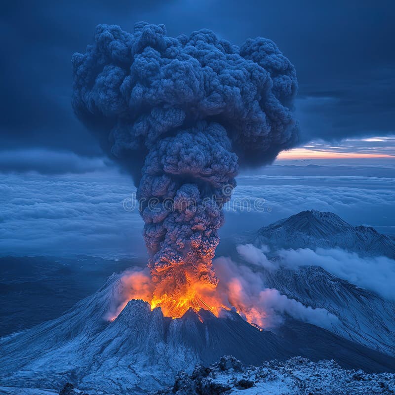 Active Volcano Erupting with Fiery Lava, Smoke, and Ash Cloud Stock ...