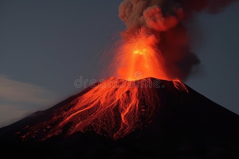 Active Volcano Erupting with Smoke and Lava in Evening, Created Using ...