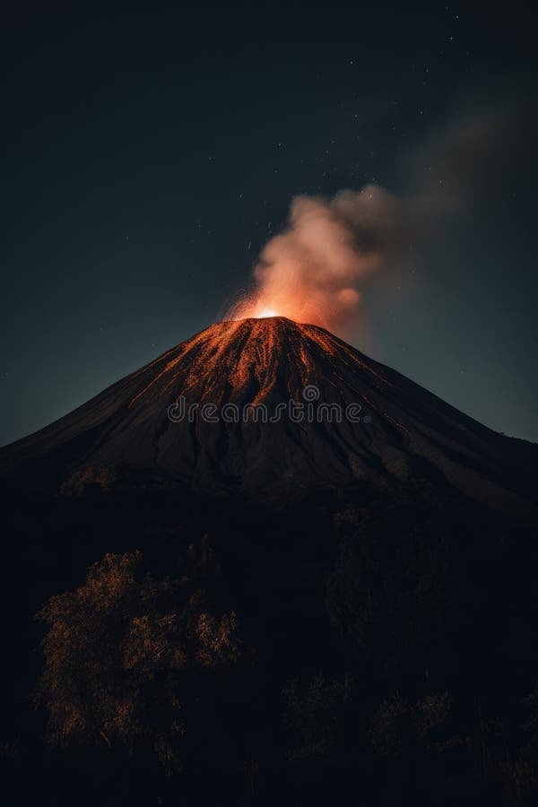 Active Volcano Erupting with Smoke and Lava at Night, Created Using ...
