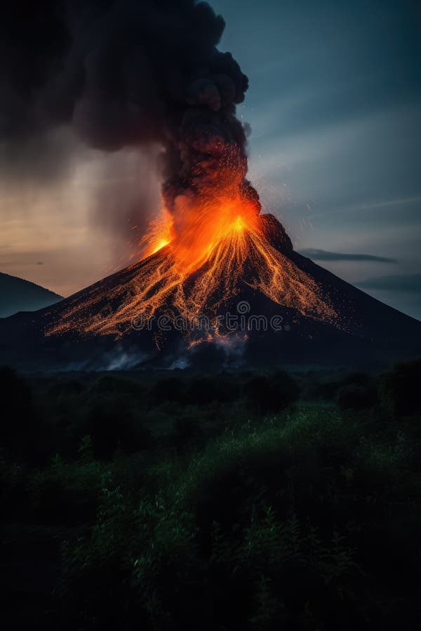 Active Volcano Erupting with Smoke and Lava at Night, Created Using ...