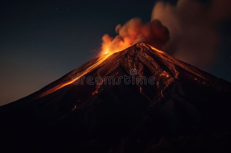 Active Volcano Erupting with Smoke and Lava at Night, Created Using ...