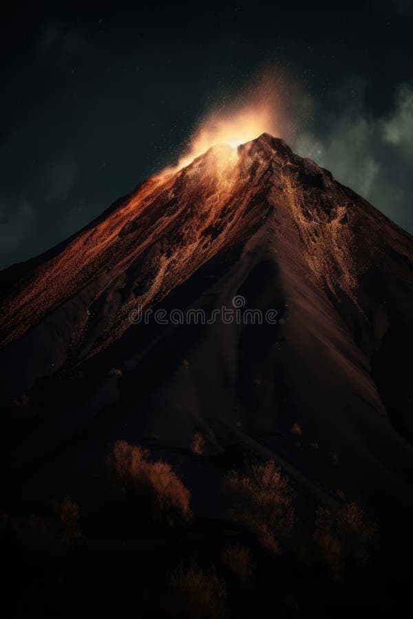 Active Volcano Erupting with Smoke and Lava at Night, Created Using ...