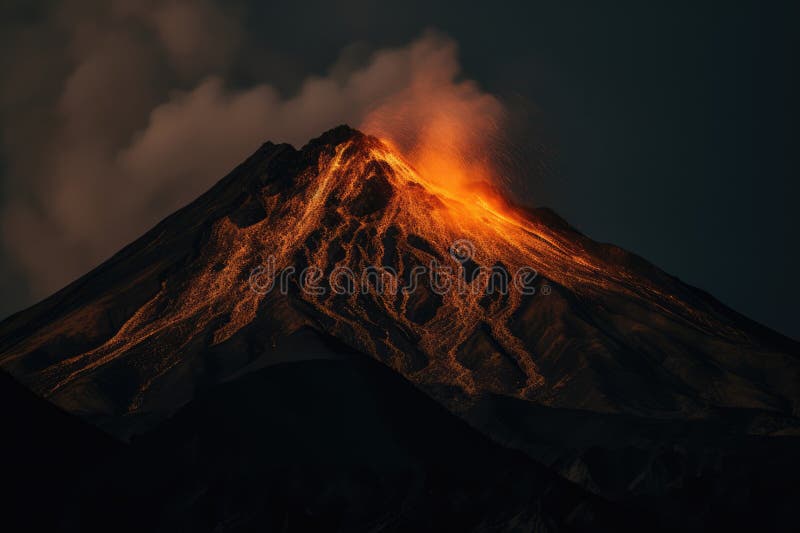 Active Volcano Erupting with Smoke and Lava at Night, Created Using ...