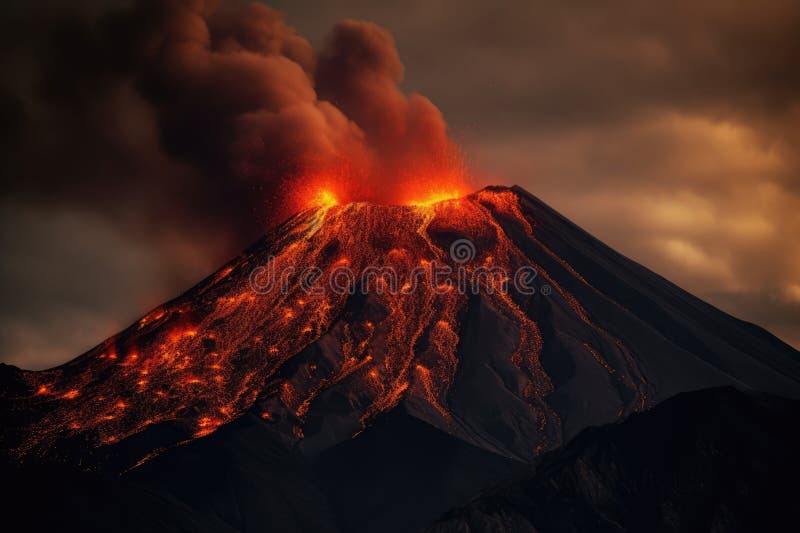 Active Volcano Erupting with Smoke and Lava at Night, Created Using ...