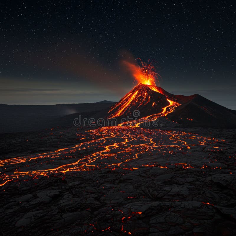 Active Volcano Eruption Under a Starry Night Sky. Molten Lava Flows ...