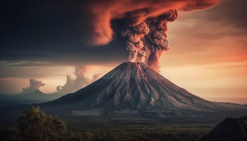 Active Volcano Erupts, Creating Dramatic Volcanic Landscape at Sunset ...